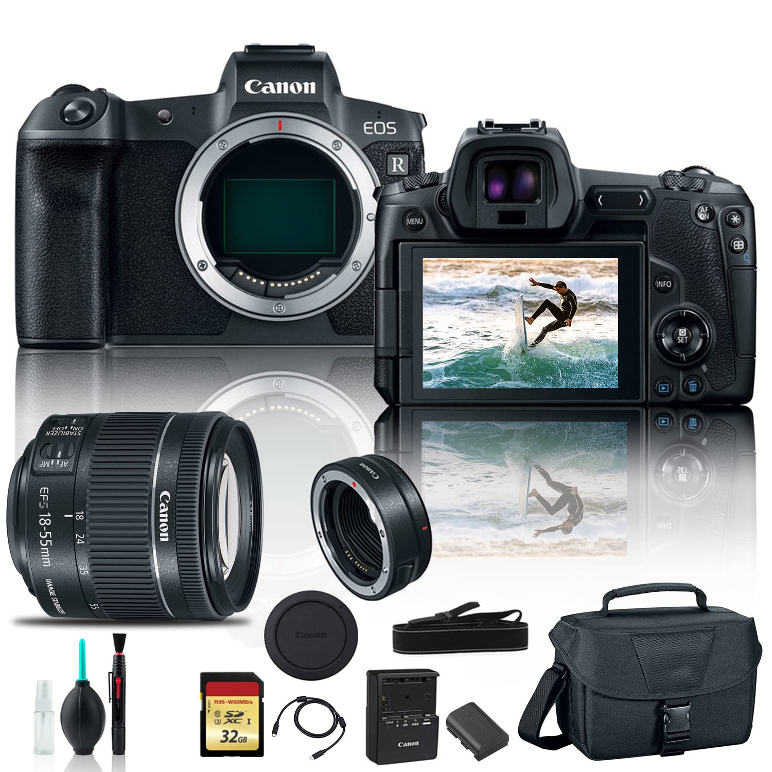 Canon EOS R Mirrorless Digital Camera 3075C002 with Canon EF Mount Adapter, Canon EF-S 18-55mm Lens, Bag, 32GB Card and More (Renewed)