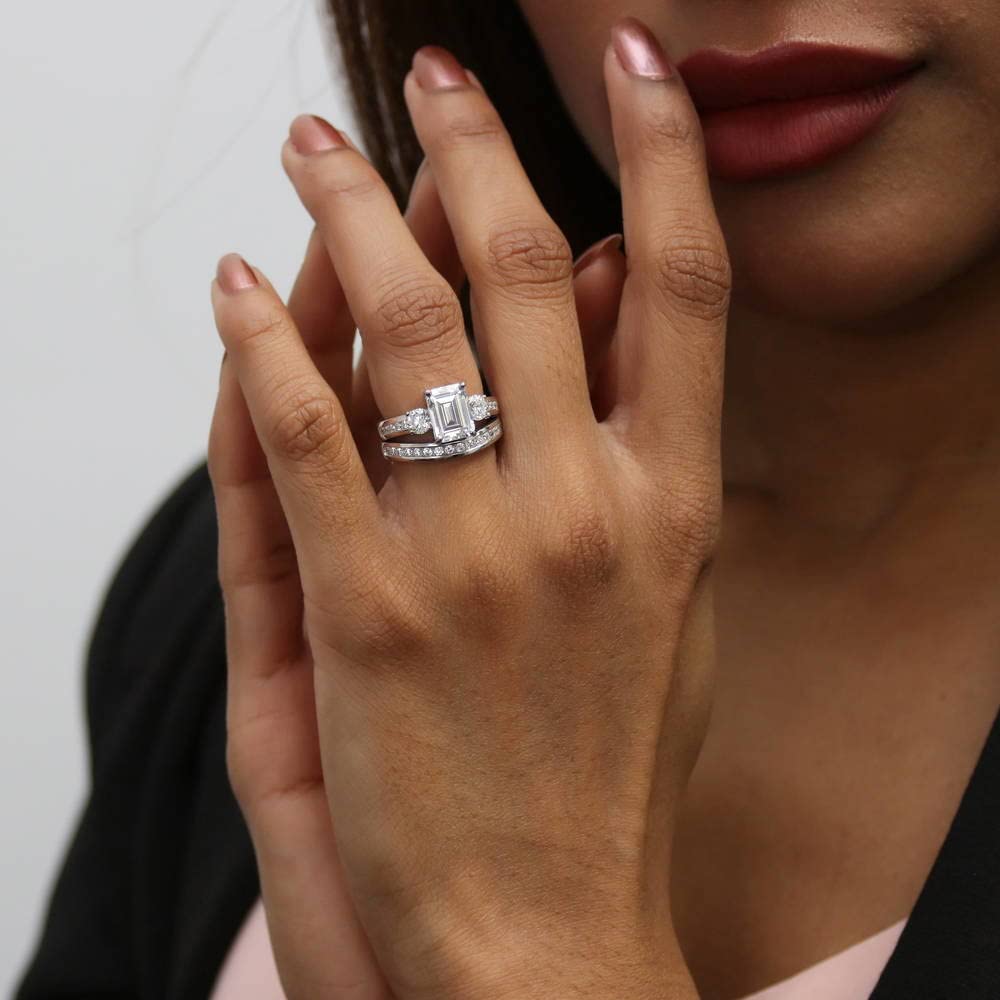 BERRICLE Sterling Silver 3-Stone Wedding Engagement Rings Emerald Cut Cubic Zirconia CZ Ring Set for Women, Rhodium Plated Size 6