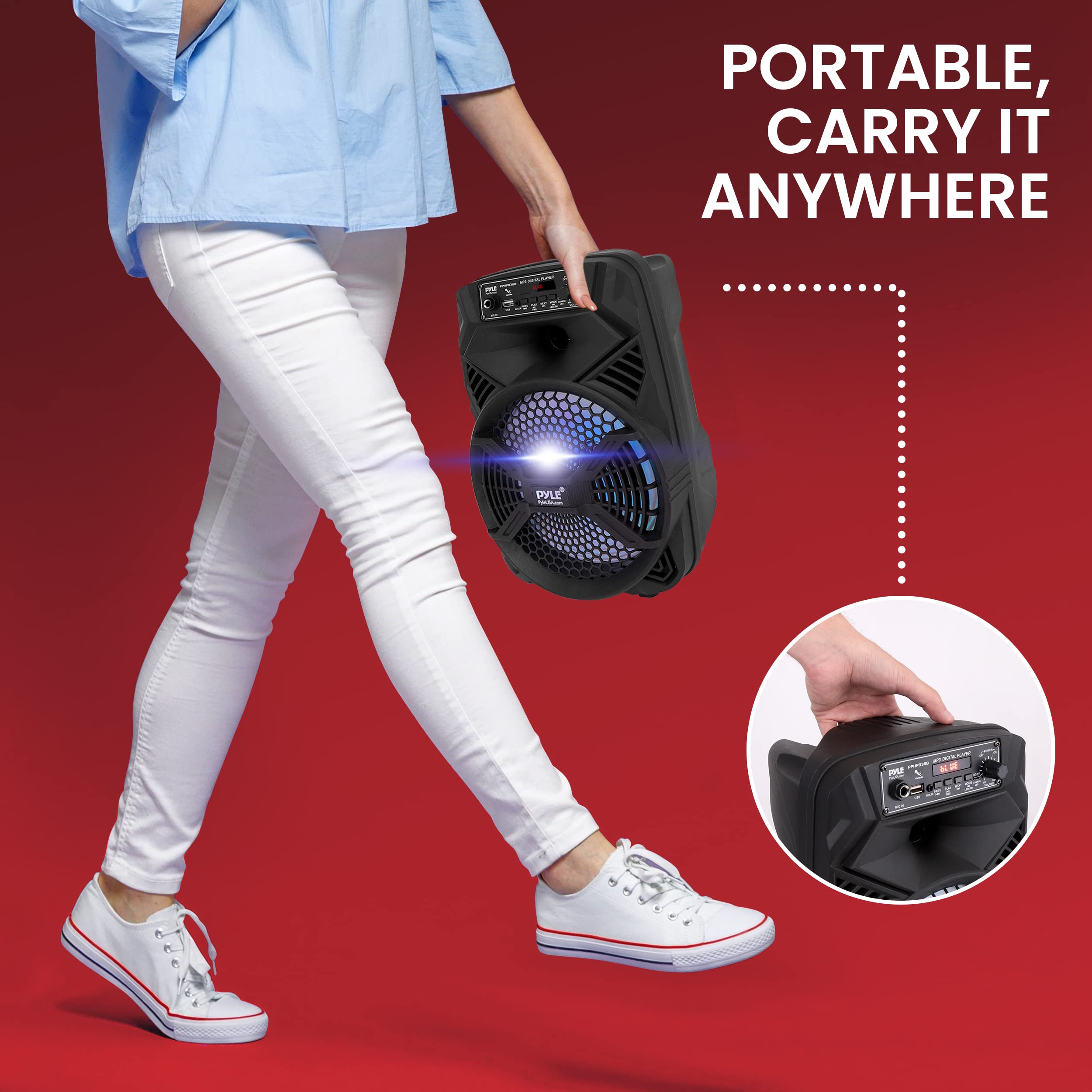 Portable Bluetooth PA Speaker System - 300W Rechargeable Indoor/Outdoor Bluetooth Portable PA System w/ 8β Subwoofer 1β Tweeter, Microphone In, Party Lights, MP3/USB, Radio, Remote - Pyle PPHP836B