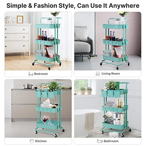 E&D FURNITURE 3 Tier Rolling Storage Cart with Wheels, Utility Art Craft Supply Cart Organizer on Wheels, Multipurpose Adjustable Makeup Cart Hair Salon Trolley with Handle & Hanging Cups Blue