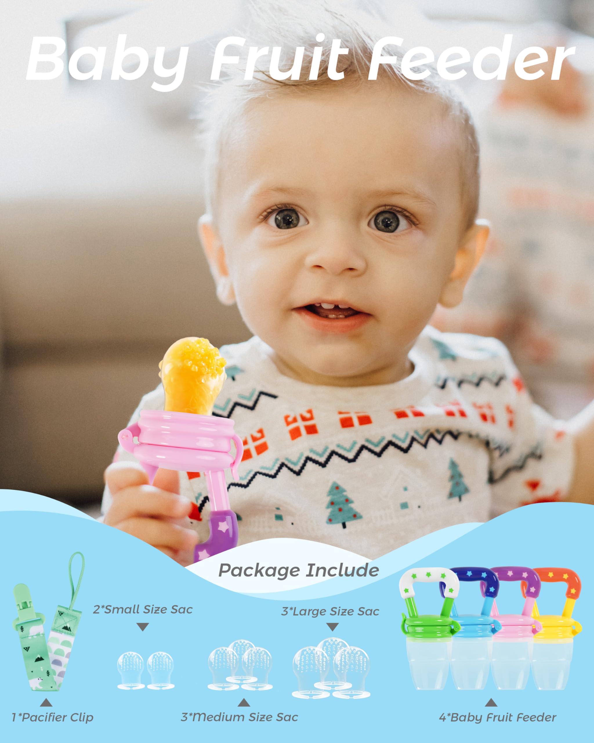 Baby Fruit Feeder, Baby Food Feeder,Teething Pacifier (4 Pack), Baby Fruit Pacifier Feeder, Soft Safe BPA-Free Silicone Pouches, Training Massaging Toy Teether
