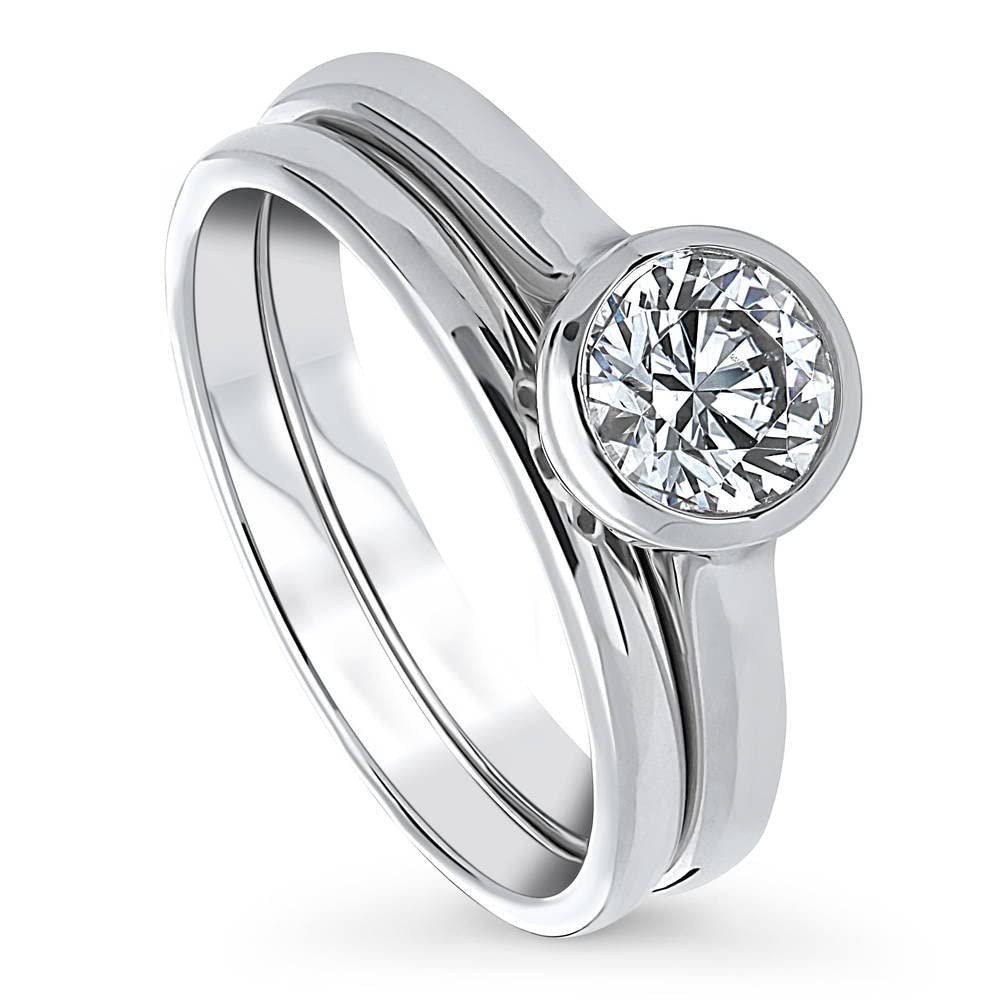BERRICLE Sterling Silver Solitaire Wedding Engagement Rings 0.8 Carat Bezel Set Round Cubic Zirconia CZ Ring Set for Women, Rhodium Plated Size 4