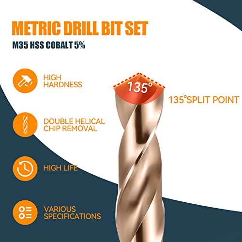 Cobalt Drill Bit Set, M35 Twist HSS Drill Bits Straight Shank, 2mm High Speed Steel Drill Bits for Drilling in Hard Metal, Stainless Steel, Cast Iron (9mm)