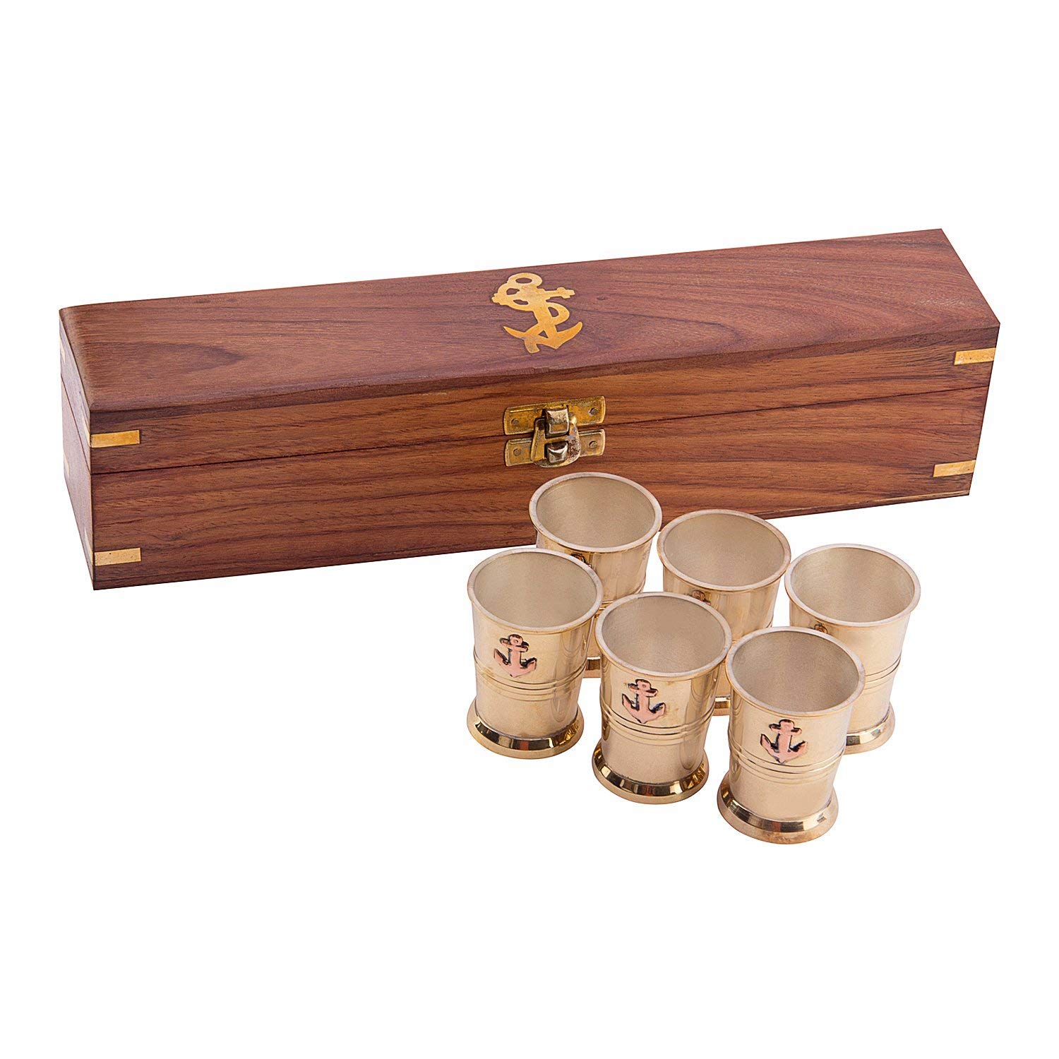 Brass Tequila Shot Glass with Anchor Monogram in Handmade Wooden Box β Six Glass Set