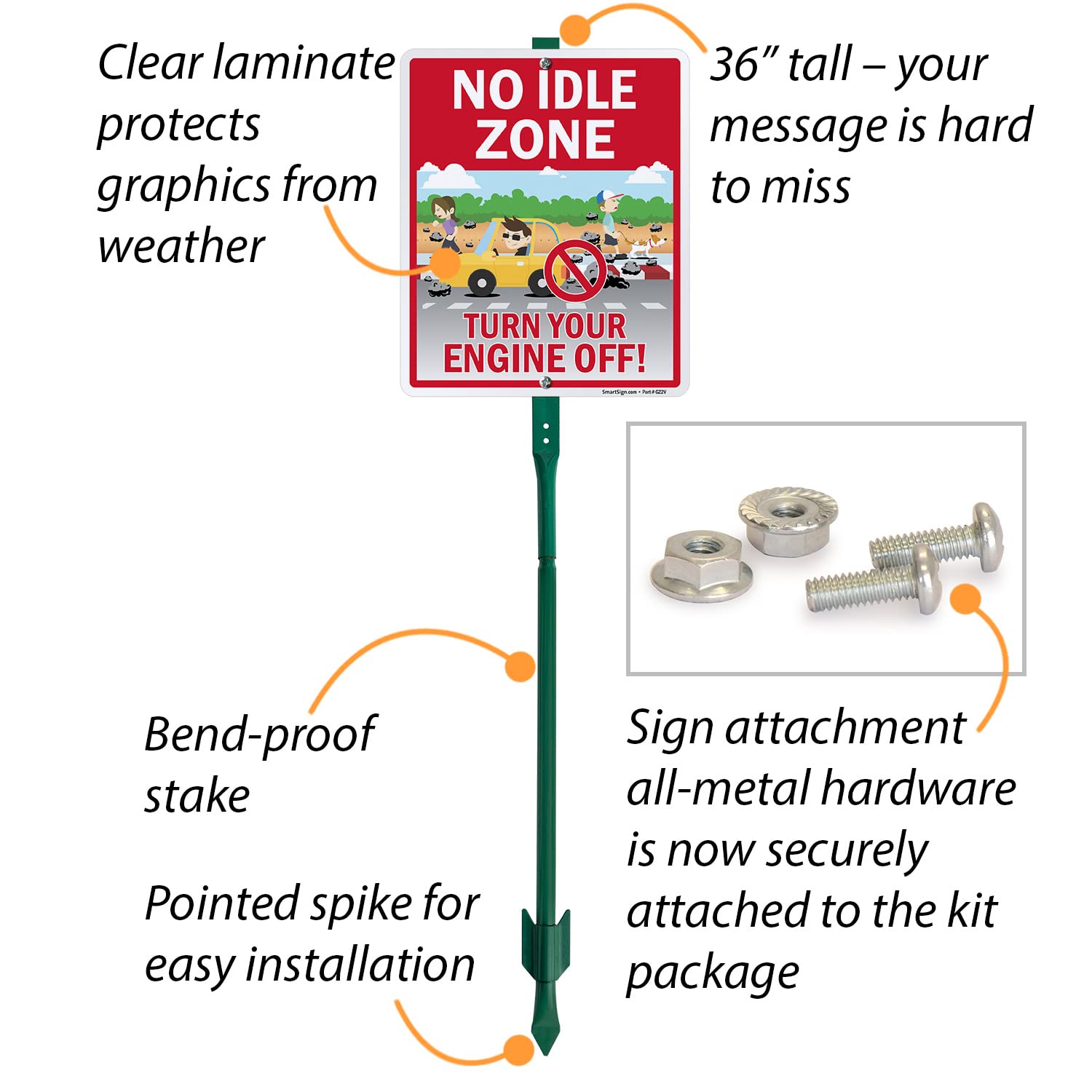 SmartSign 12 x 10 inch “No Idle Zone - Turn Your Engine Off” LawnBoss Yard Sign with 3 foot Stake, 40 mil Laminated Rustproof Aluminum, Multicolor, Set of 1, Made in USA