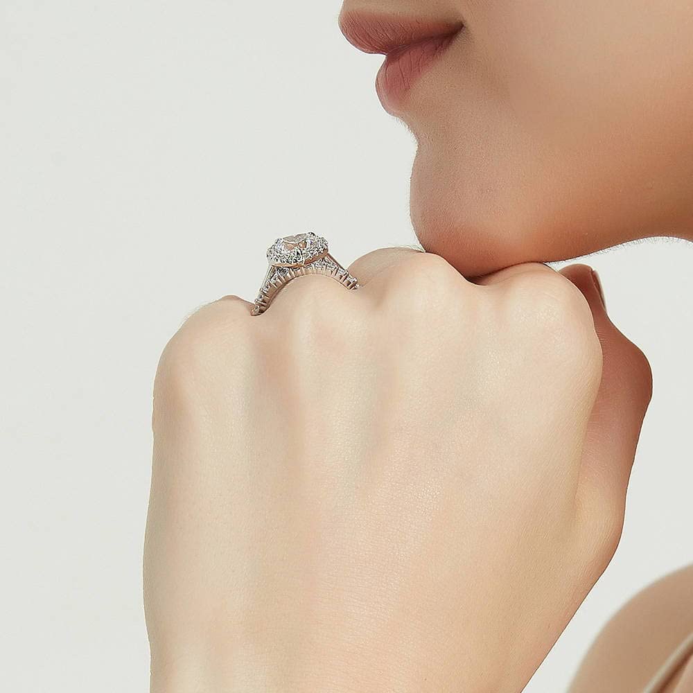 BERRICLE Sterling Silver Halo Wedding Engagement Rings Cubic Zirconia CZ Heart Ring Set for Women, Rhodium Plated Size 7