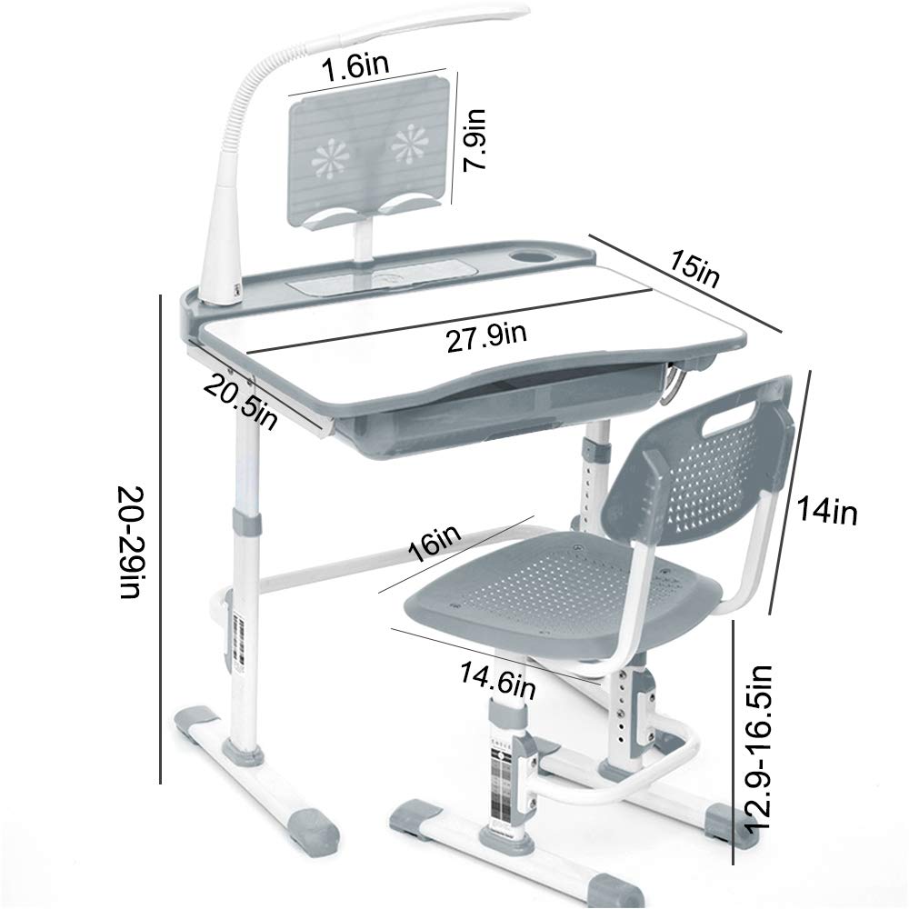 LVYUAN Kids Desk and Chair Set, Height Adjustable Kids Study Desk for Bedroom, Desk for Kids with Tiltable Desktop, 3 Modes Light, Go Back School Desk, Grey