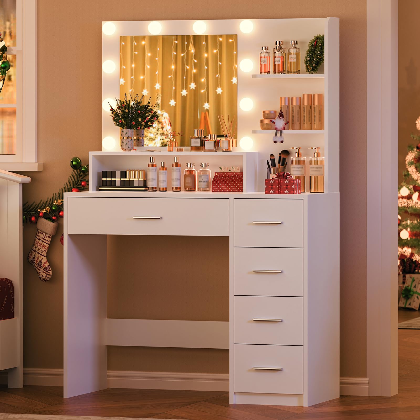 Quimoo Makeup Vanity Desk with Mirror & Lights, Vanity Desk with 5 Drawers & Storage Shelves, Vanity Table, 3 Color Modes & Adjustable Brightness Dressing Table, Bedroom