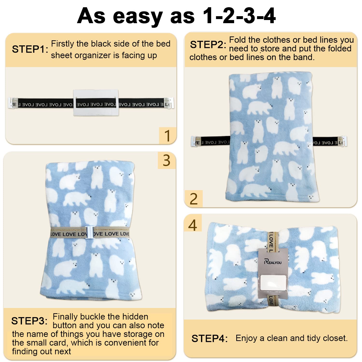 SMILIE Bed Sheet Organizer, Closet Storage Band Organizer, Elastic Bands for Tidying Bed Sheet, Closet Organizer Band with Jacquard & a Label, Each Order Contains 2 Bands, 23.62Lx1.57W