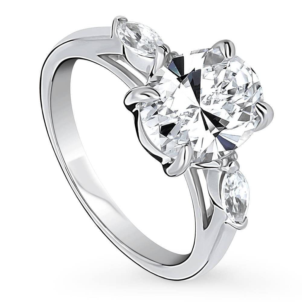 BERRICLE Sterling Silver 3-Stone Wedding Engagement Rings Oval Cut Cubic Zirconia CZ Promise Ring for Women, Rhodium Plated Size 6
