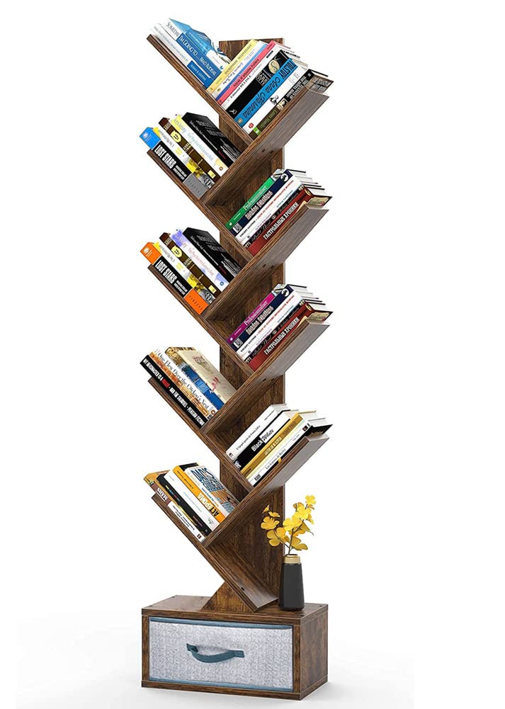 Flydem Tree Bookshelf with Drawer,Bookcase ,Bookshelves,Rack,Storage Rack,Holder,Organizer for Books,Wood Bookshelves,Book Tree,NarrowBookshelf Board Game Storage(Color:Rustic Brown), r-09