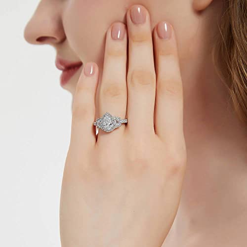 BERRICLE Sterling Silver 3-Stone Wedding Engagement Rings Pear Cut Cubic Zirconia CZ Halo Ring for Women, Rhodium Plated Size 7