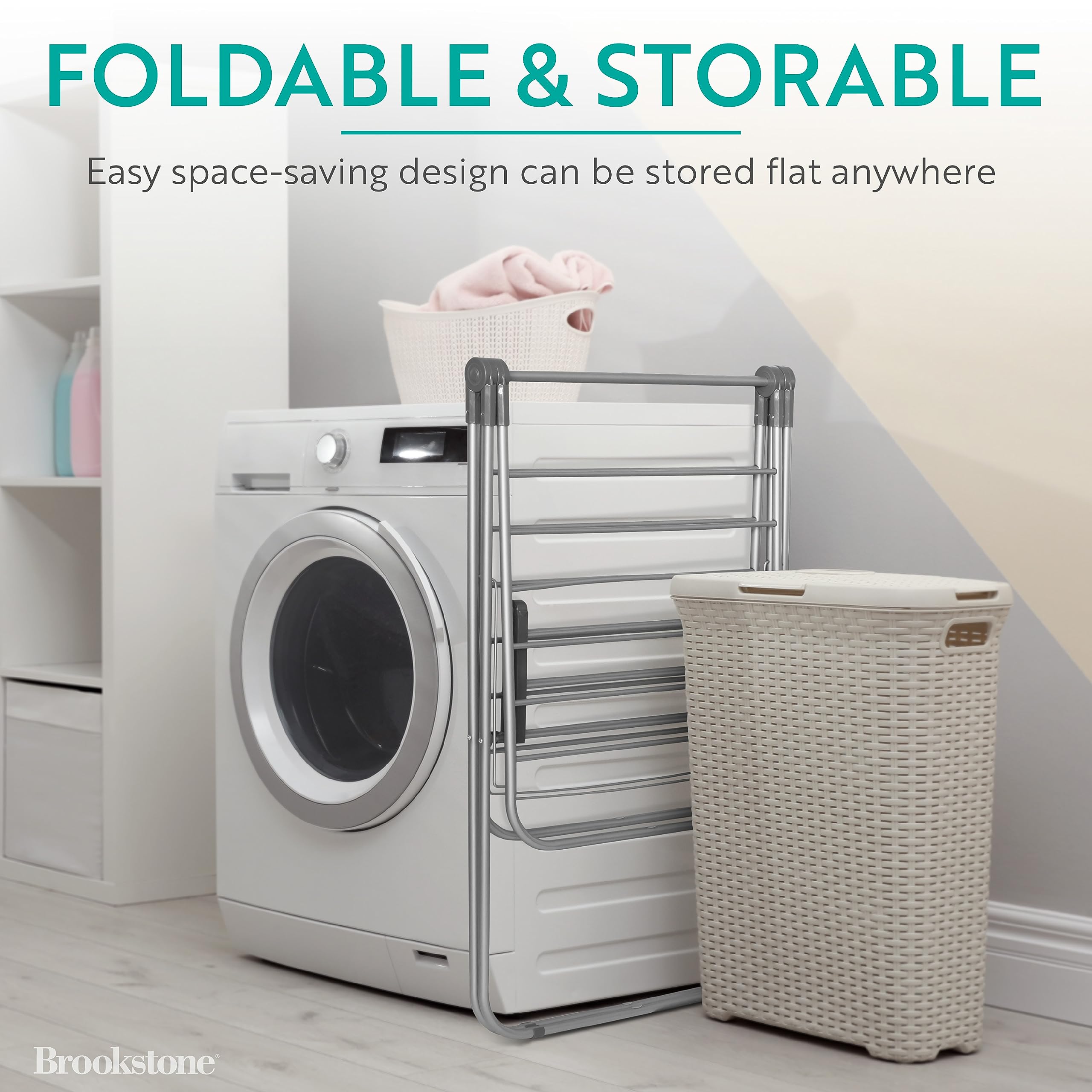 Brookstone – Foldable Clothing Drying Rack, Collapsible Laundry Hanger for Clothes [Ready Out of The Box], Silver Color