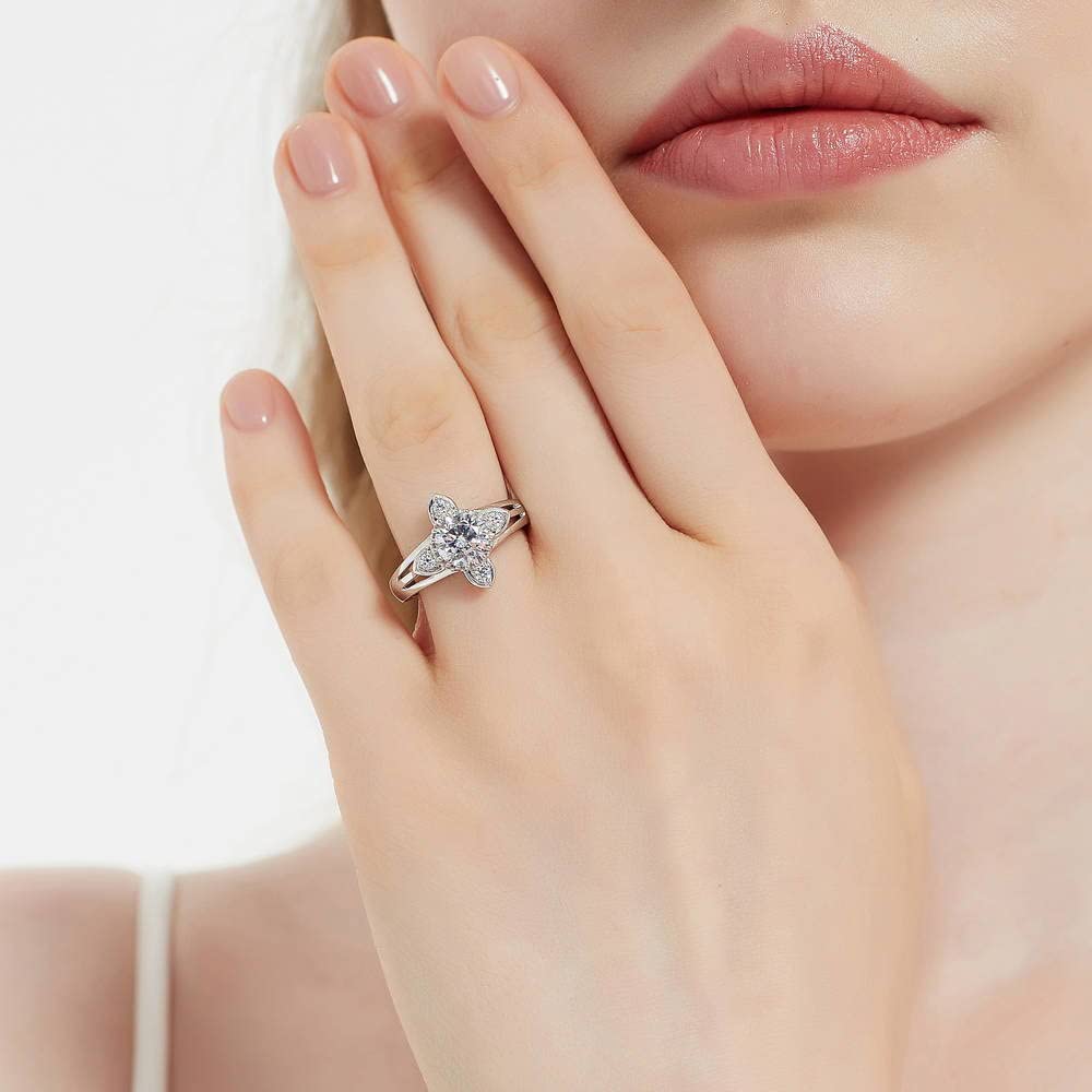 BERRICLE Sterling Silver Flower Cubic Zirconia CZ Fashion Ring for Women, Rhodium Plated Size 7