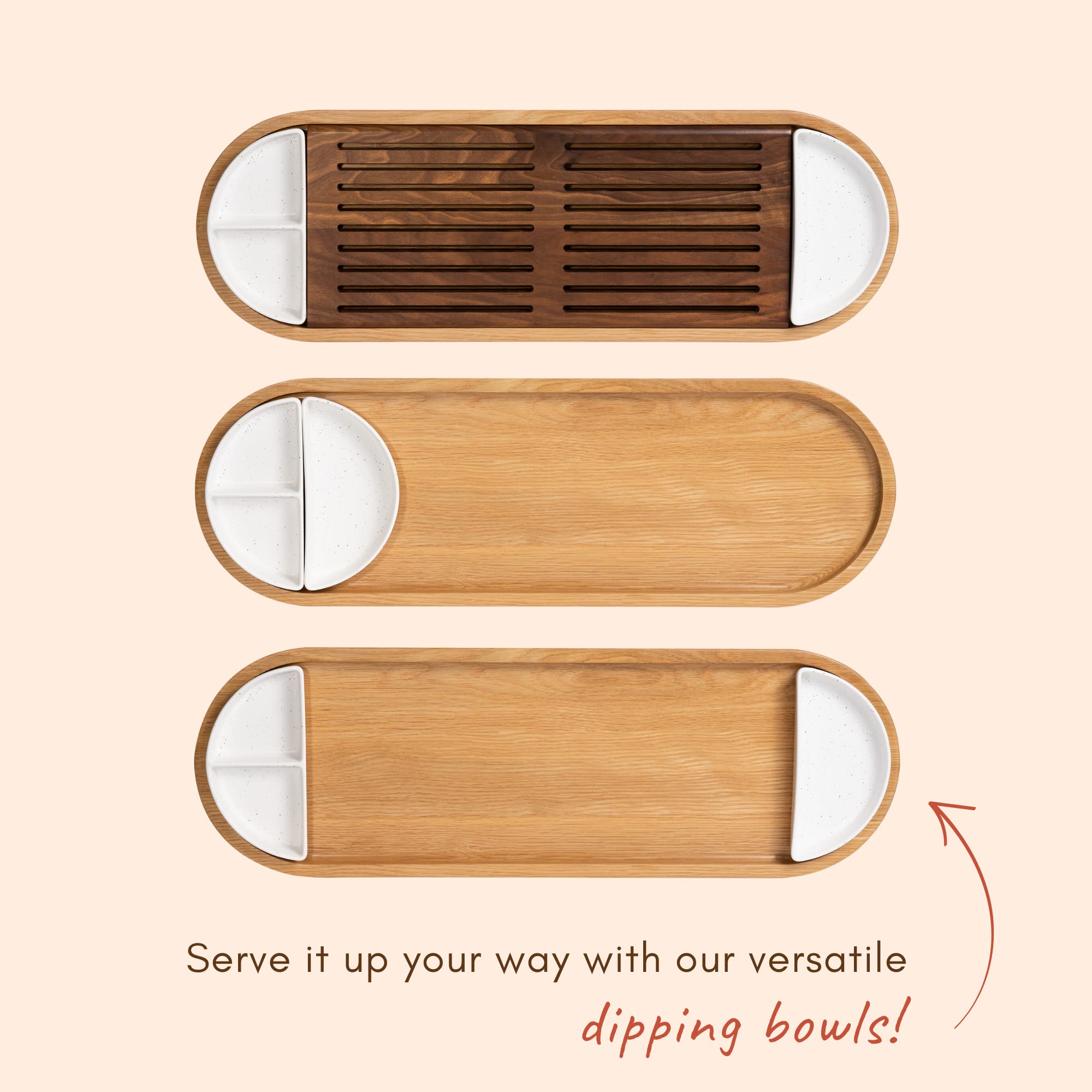 Bread Board and Appetizer Serving Tray with Dipping Bowls. Wooden Serving Platter Ideal for Cheese, Charcuterie, Fruit, Snacks, Chip and Dip. Perfect Wedding or Housewarming Gift by Ziruma.
