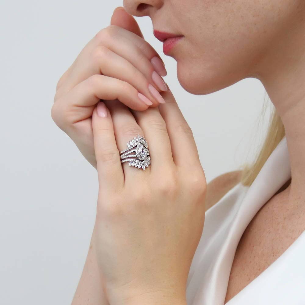 BERRICLE Sterling Silver Halo Wedding Engagement Rings Pear Cut Cubic Zirconia CZ Split Shank Ring Set for Women, Rhodium Plated Size 6