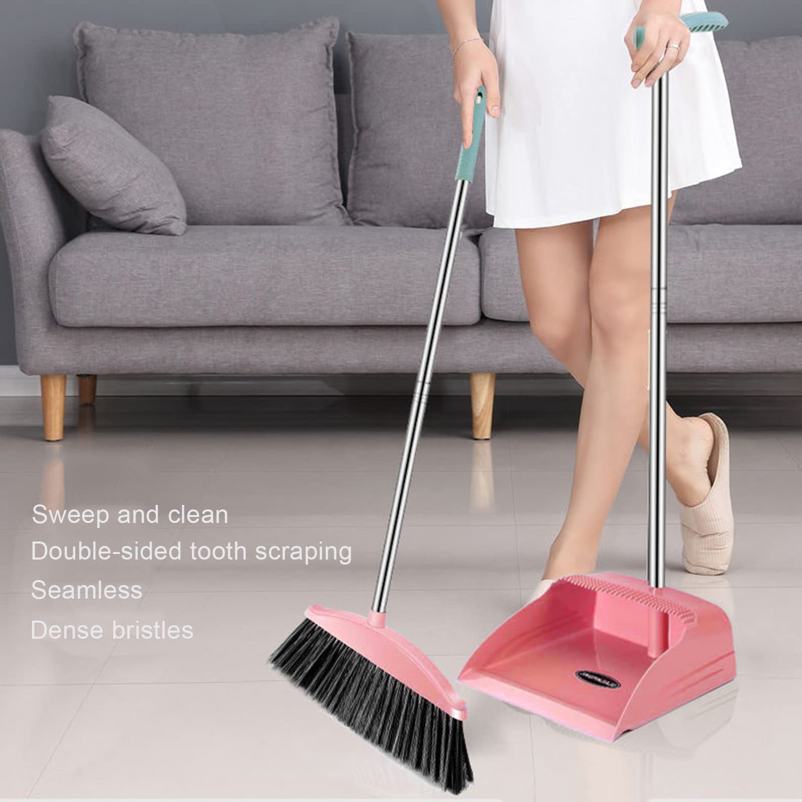 Broom and Dustpan Comb Set, Long Handle Sweeping Broom for Indoor, Broom & Dustpan Set for Home, Upright Standing Dust Pan with Comb Teeth, Store Sweep Set for Room Kitchen Lobby Offic Floor Cleaning
