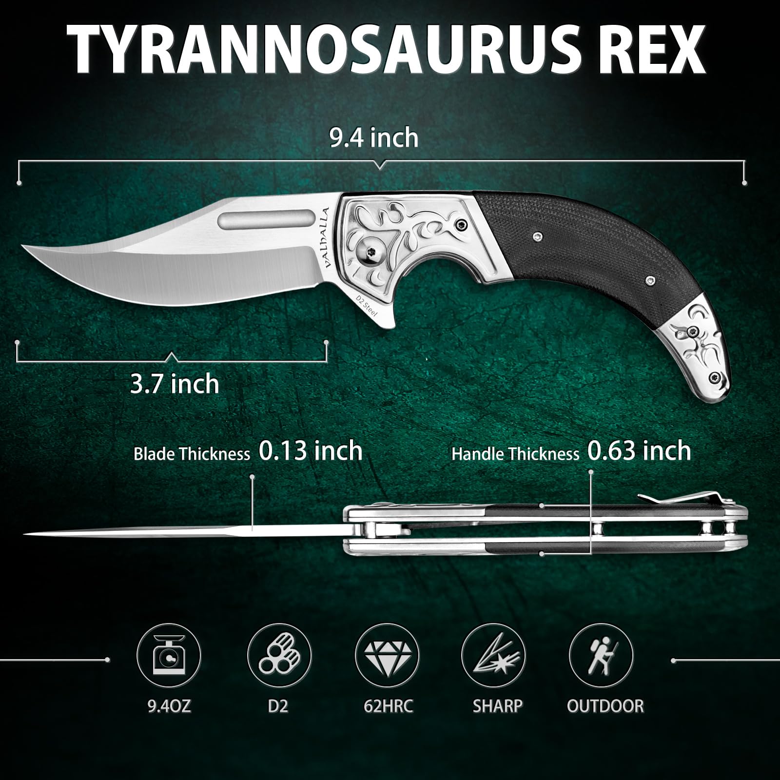 VALHALLA Pocket Knife, 3.7'' D2 Steel Folding Knife, Pocket Knife for Men with G10 Handle, Gifts for Men (TYRANNOSAURUS REX)