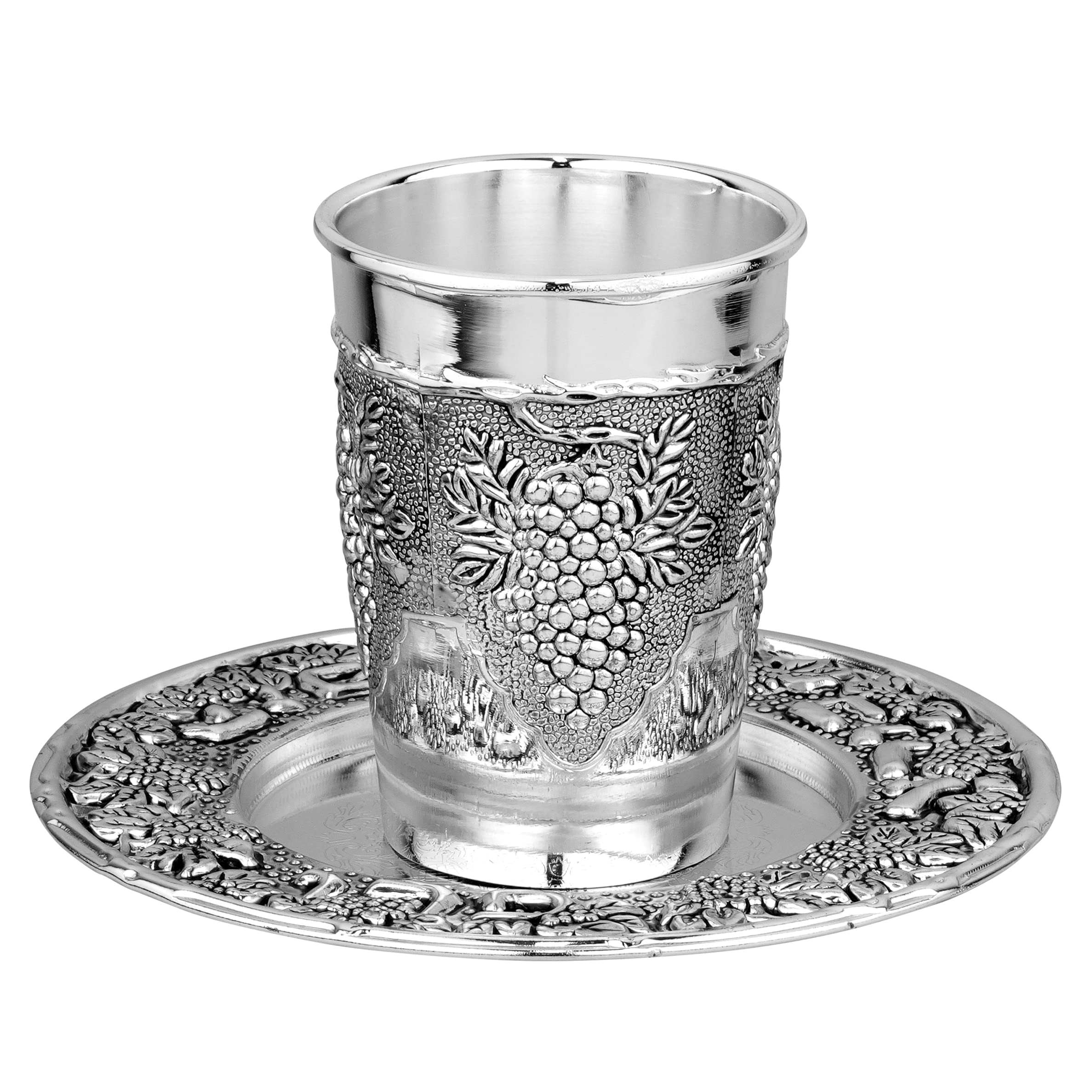 BOKER-TOV SHALOM Silver Plated Kiddush Cup Set - Premium Kiddush Wine Cup and Saucer for Shabbat, Havdalah, Passover - Judaica Shabbos and Holiday Gift