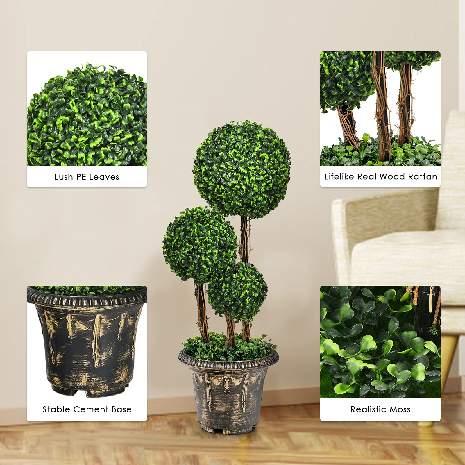 Goplus 2.5 Ft Artificial Boxwood Topiary Tree, Fake Greenery Plants Triple Ball Tree, Leaves & Cement-Filled Plastic Flower Pot Decorative Trees for Home, Office, Indoor and Outdoor Use