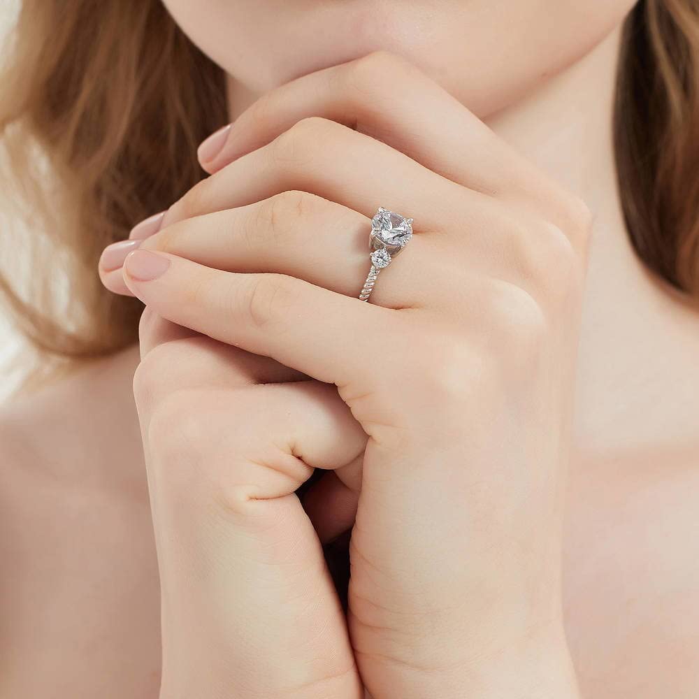 BERRICLE Sterling Silver 3-Stone Wedding Engagement Rings Round Cubic Zirconia CZ Woven Ring Set for Women, Rhodium Plated Size 7