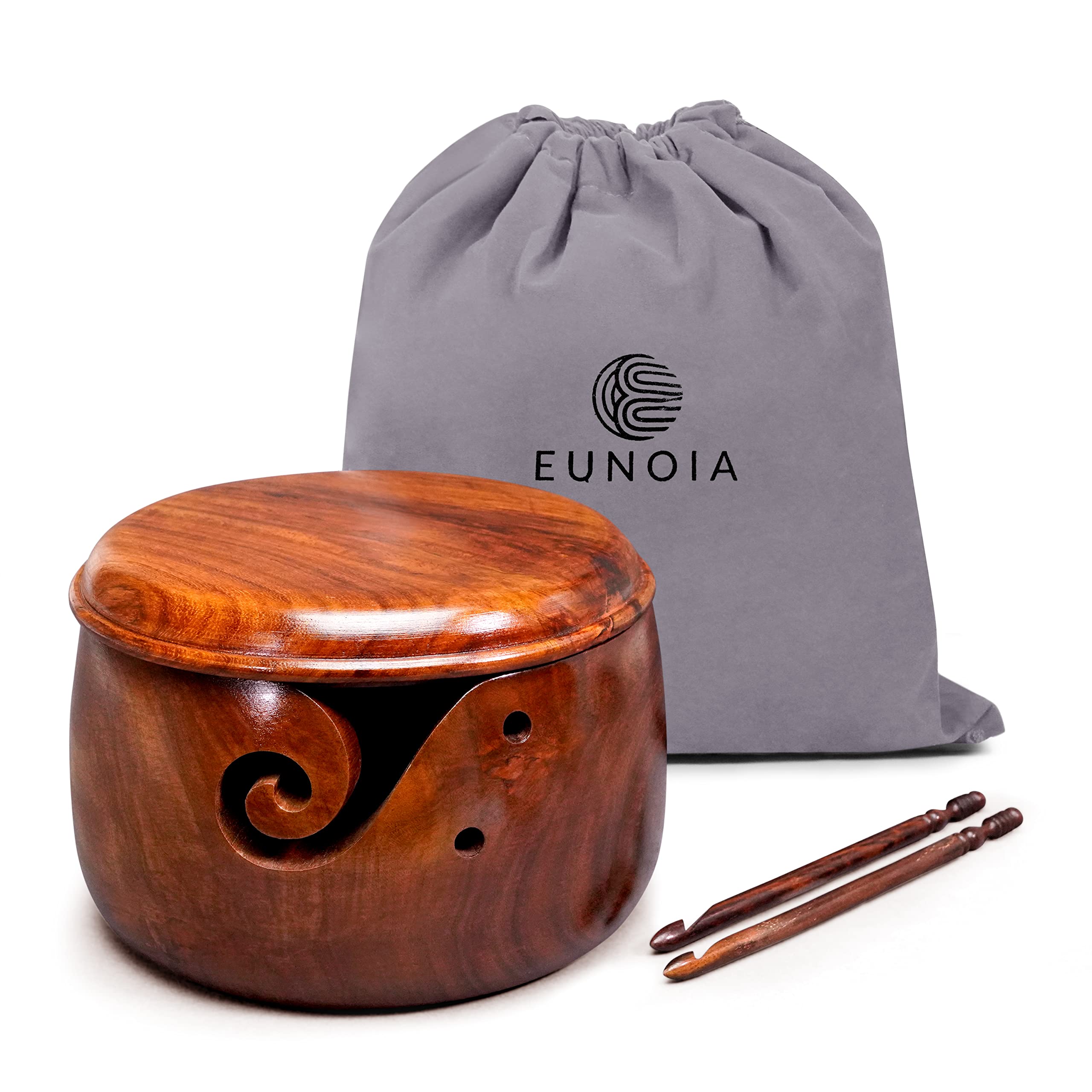 Eunoia Yarn Bowl with Round Lid, 7x5 Inch Handmade Yarn Holder for Crocheting, Decorative Knitting Bowl for Knitters with Wooden Crochet Hook and Travel Bag