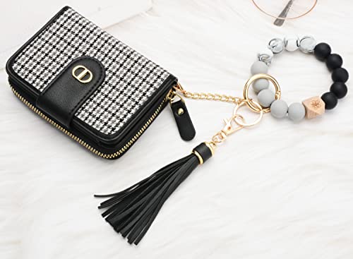 SNUG STAR Multi-Purpose Wallet High Capacity Card Holder Zipper Coin Purse with Wristlet Bracelet Keychain Silicone Beaded Bangle (Silicone Bracelet(16 Cards)-Woven Small Plaid Black)