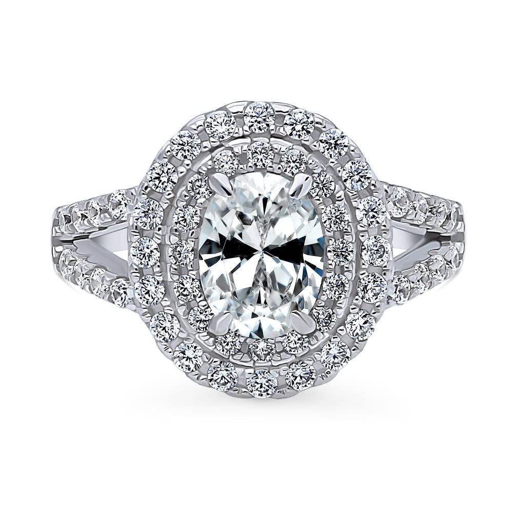 BERRICLE Sterling Silver Halo Wedding Engagement Rings Oval Cut Cubic Zirconia CZ Statement Cocktail Split Shank Ring for Women, Rhodium Plated Size 4