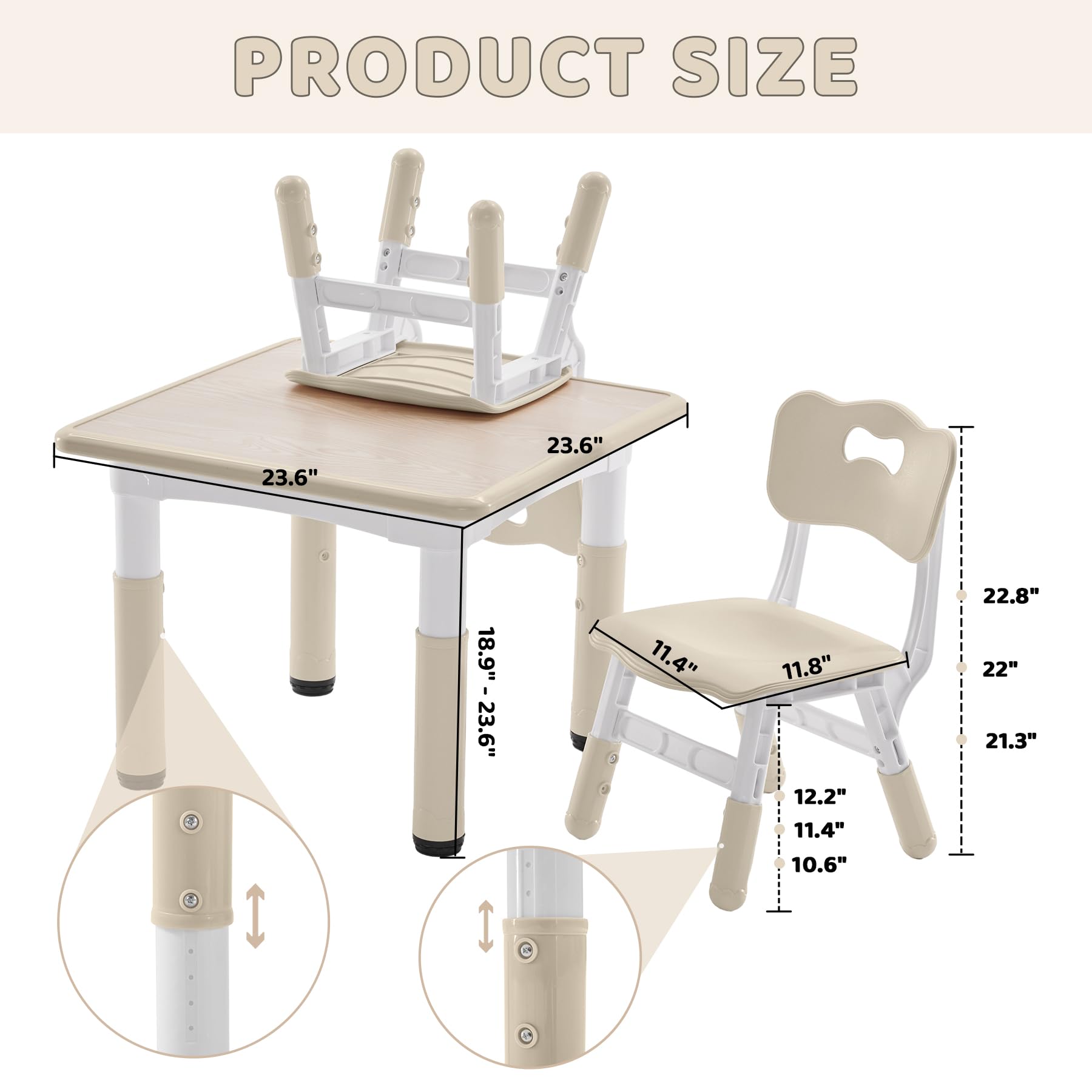 DOREROOM Kids Table and 2 Chairs Set, Height-Adjustable Toddler Table and Chairs Set with Graffiti Desktop, 23.6''L x 23.6''W Children Activity Table for Daycare, Classroom, Home