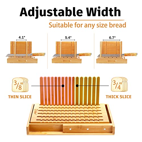 Bread Slicer for Homemade Bread, Adjustable Thickness and Width Slicing Guides, Plug in Slicer Guide Design, with Crumb Tray, Damascus steel pattern knife, for Cakes, Bagels