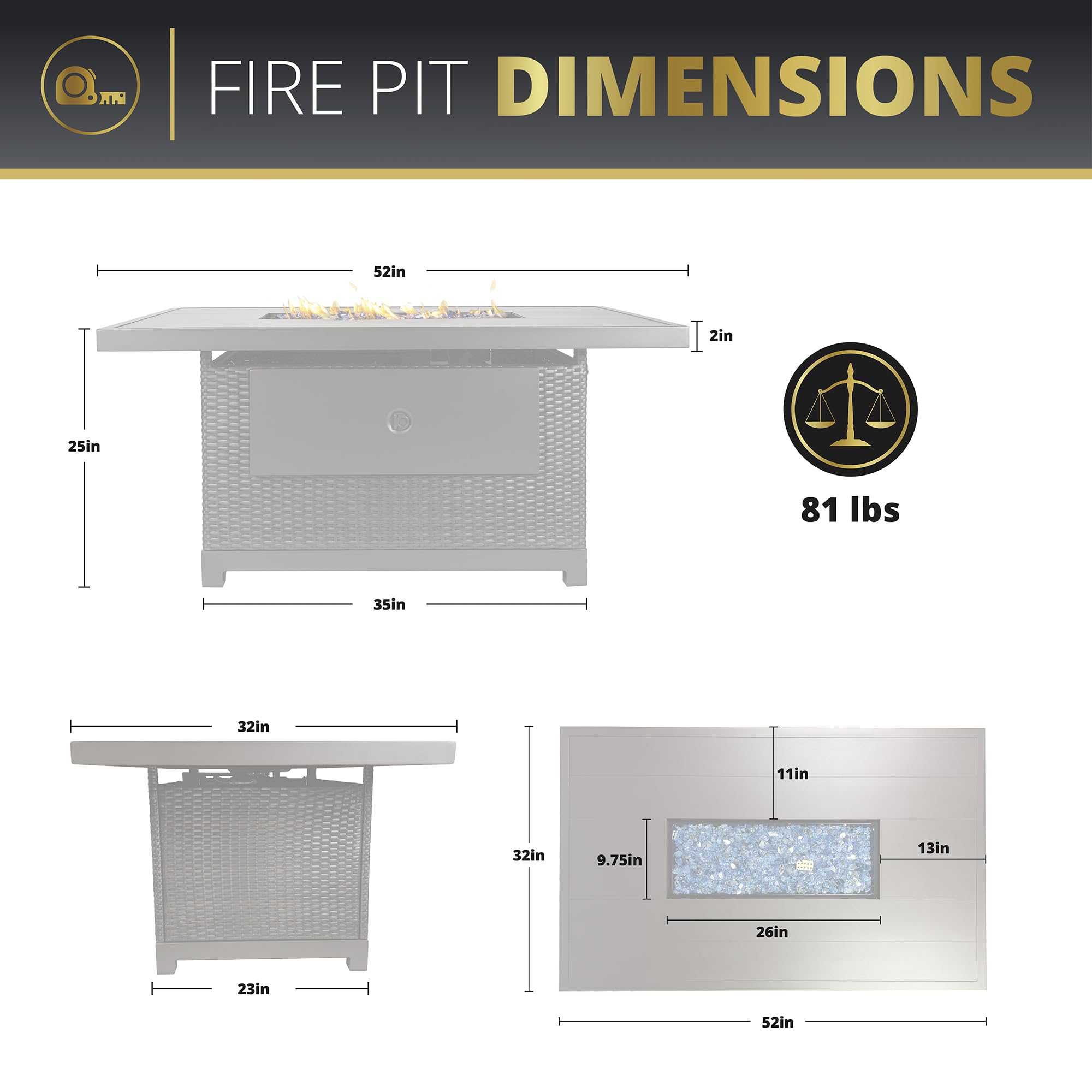 Kinger Home Novi 5-Piece Outdoor Patio Furniture Set with 52-Inch Propane Fire Pit Table - CSA Certified, 50,000 BTU, Swivel Chairs, Aluminum Frame, Includes Fire Glass & Wind Guard