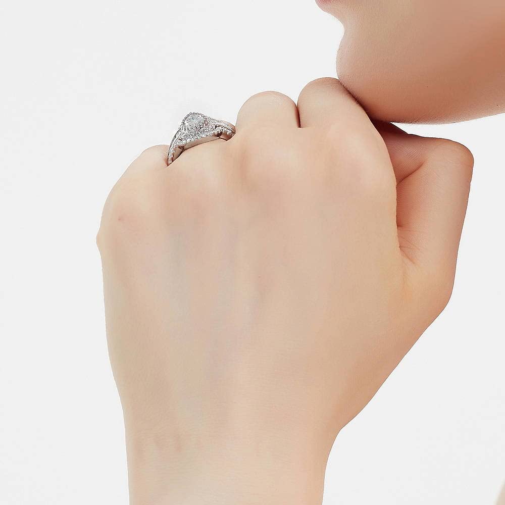 BERRICLE Sterling Silver Halo Wedding Engagement Rings Pear Cut Cubic Zirconia CZ Milgrain Ring Set for Women, Rhodium Plated Size 8