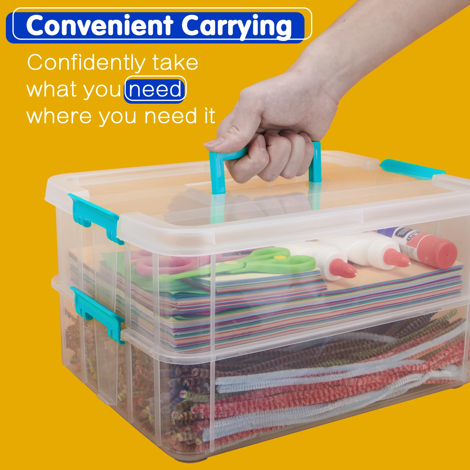 TERGOO 2 Layer Plastic Storage Containers with Lids, Multipurpose Clear Stack & Carry Box, Portable Craft Organizers and Storage Bin for Organizing Art & Craft, Sewing, Makeup, Nail Supplies (Blue)