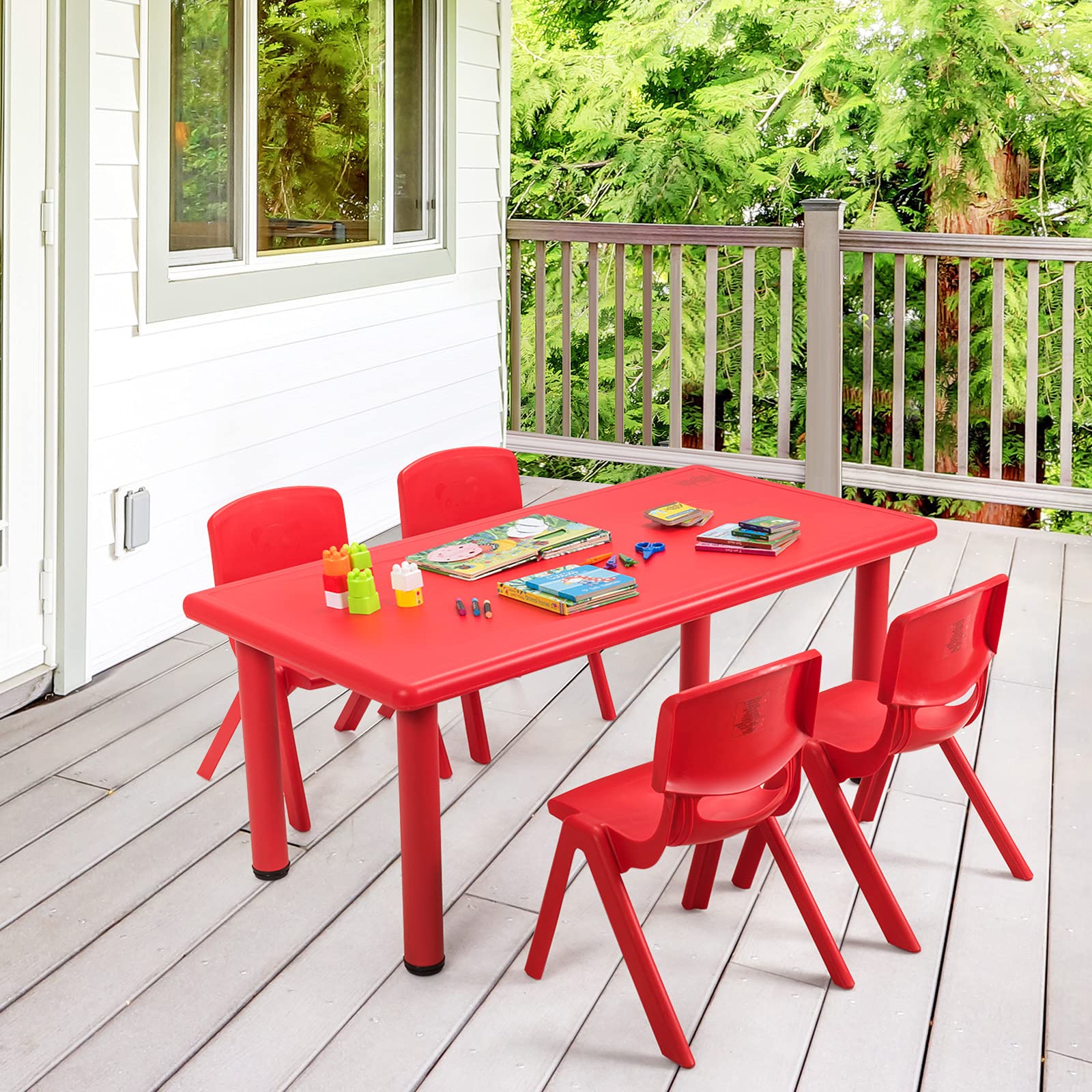 HONEY JOY Kids Table and 4 Chair Set, 48 x 24 Inch Children Rectangular Study Table with Stackable Seats, 4 Pcs Plastic Activity Toddler Furniture Set for Playroom Daycare, Gift for Boys Girls (Red)
