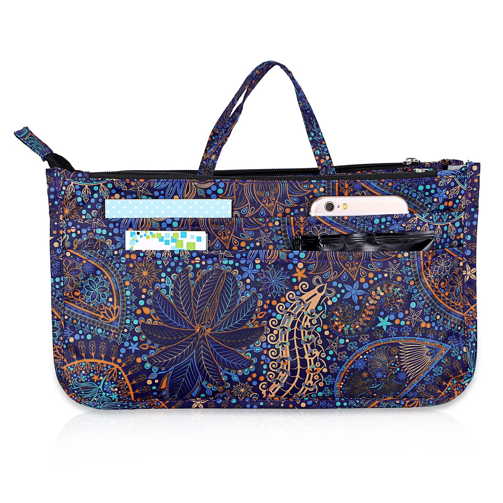 BTSKY Printing Handbag Organizers Inside Purse Insert - High Capacity 13 Pockets Bag Tote Organizer with Handle(Blue Lotus)