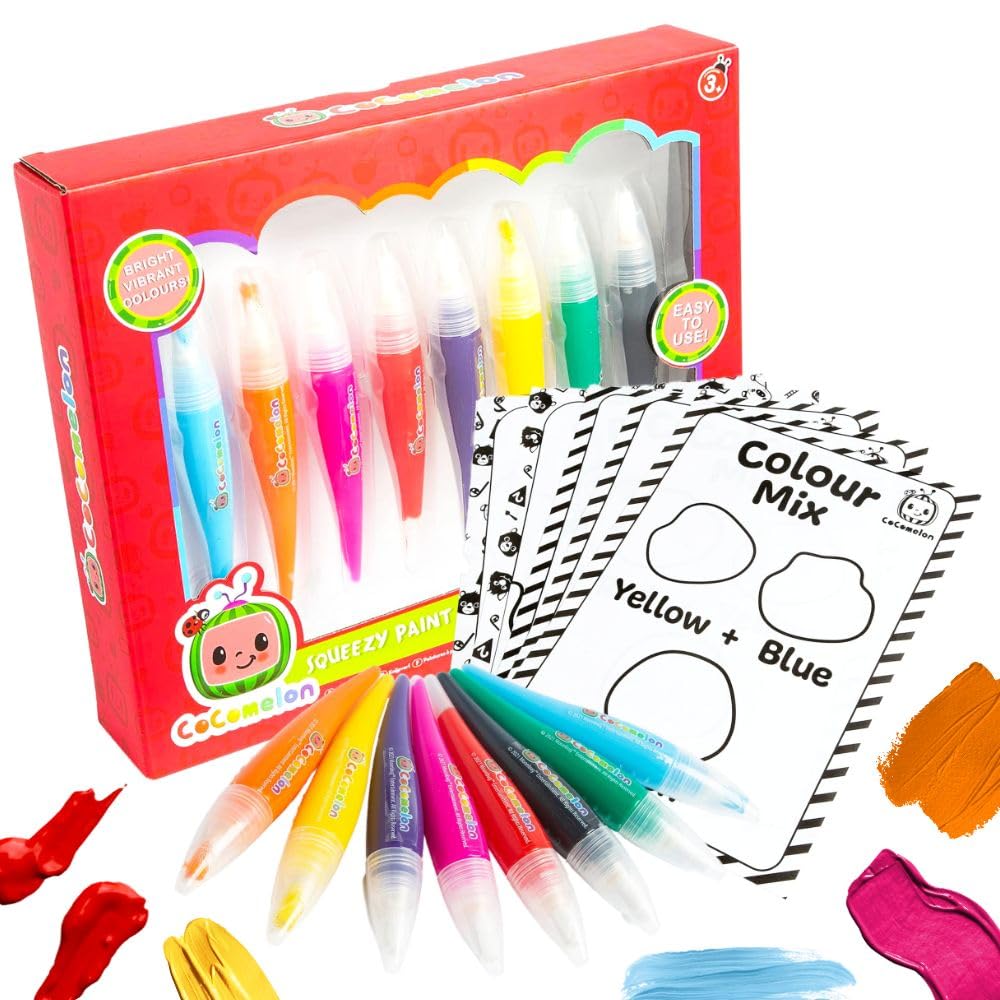 Toyland® Cocomelon Squeezy Paint Set Including 8 Paints, 10 Colouring Sheets & 5 Art Sheets - Cocomelon Toys