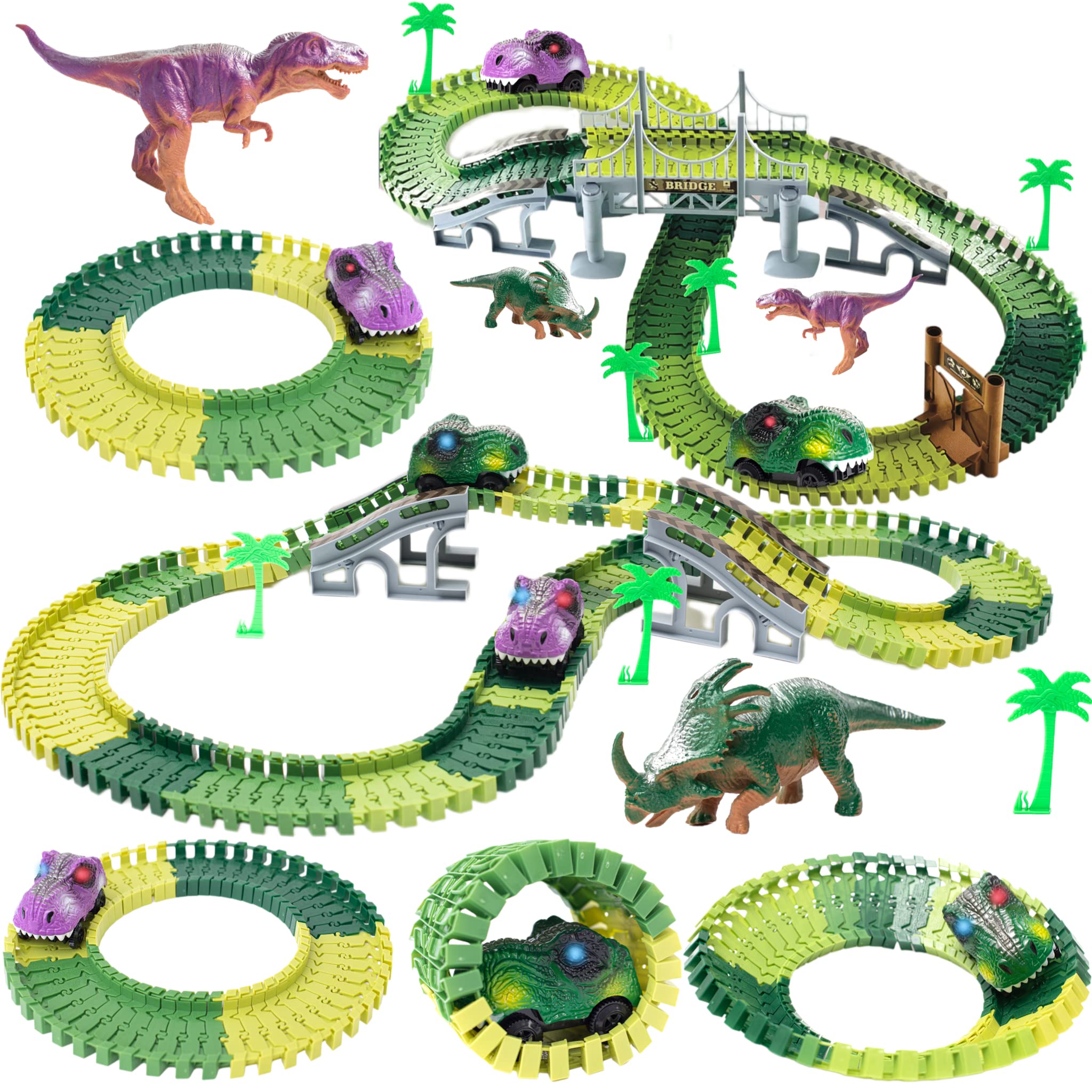 TOYLI Dinosaur Race Track Set 182 Pieces, Dino Track Flexible Dinosaur Road Race Playset with Bridge, Ramps, Dinosaur Track Toy Set is a Great 3 Year Old boy Gift.