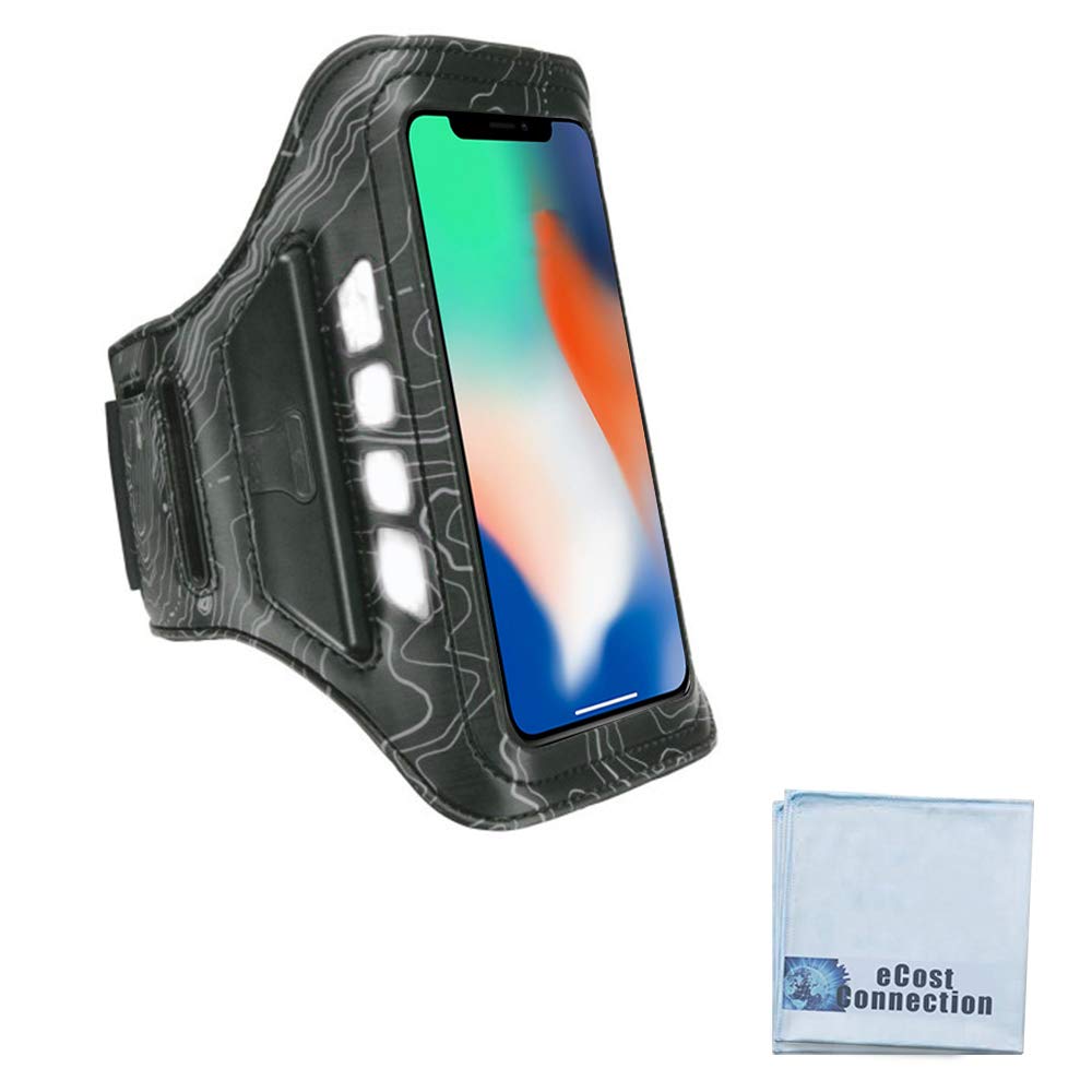 Bright LED Rechargeable Sports/Cross-fit Arm Band (White) fits iPhone 13 12 11 Pro Max Xs X 8+ 8 7 Plus Pixel 2 Galaxy S9 S8 Note 9 + eCostConnection Microfiber Cloth