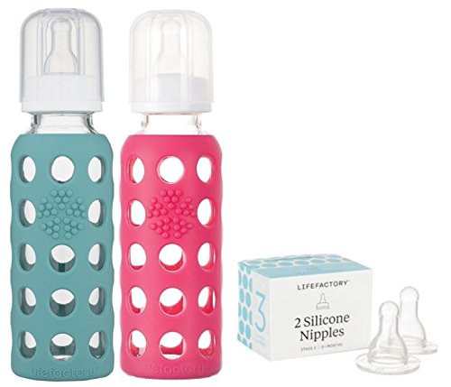 Lifefactory 9oz Glass Baby Bottle 2pk Bundle with 2 Stage 3 Nipples (Kale/Raspberry)
