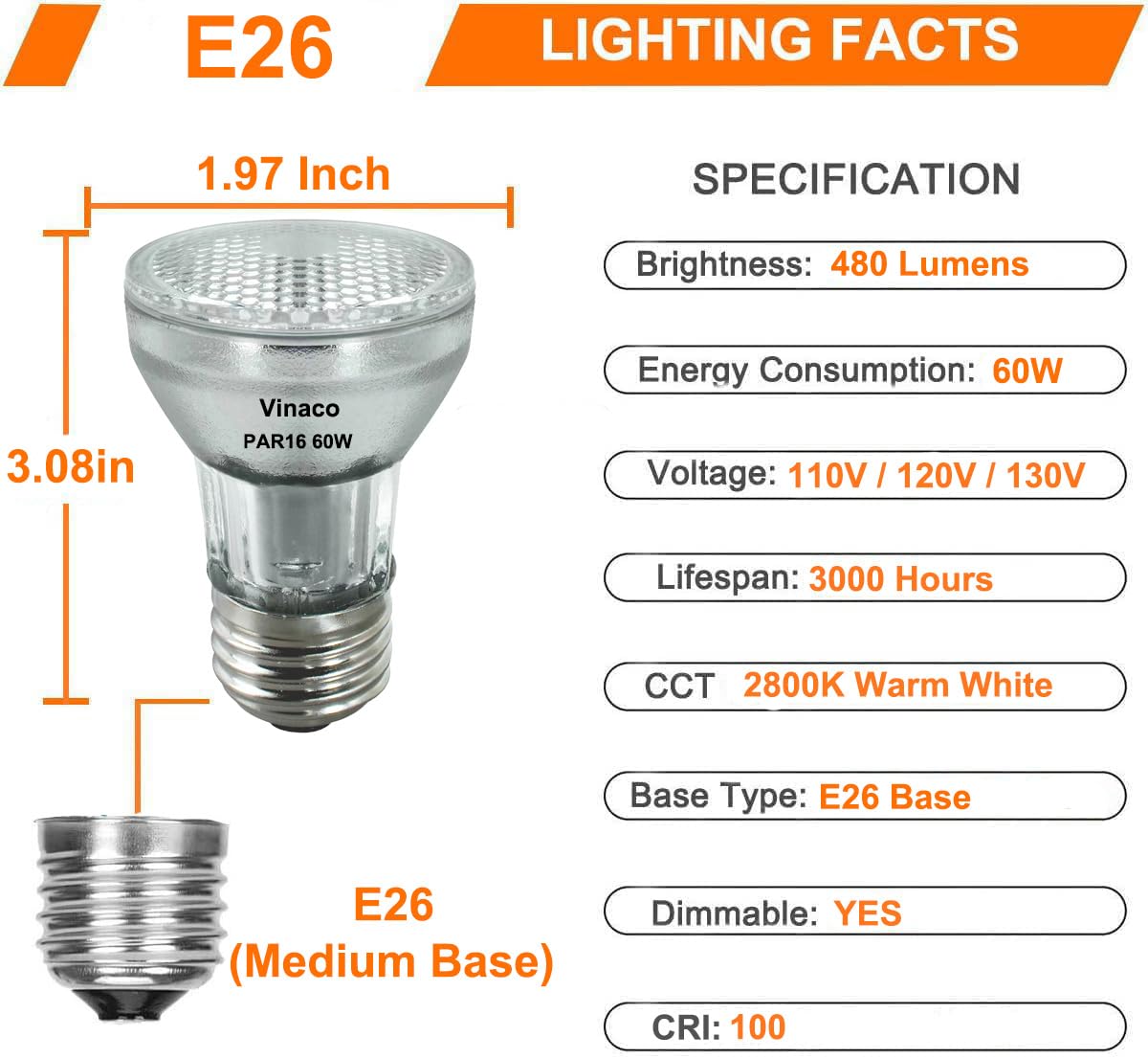 Vinaco PAR16 Bulb 120V, 6 Pack Long Lasting PAR16 Halogen Bulb 60 Watt with E26 Base, PAR16 Dimmable with 2800K Warm White, High Output PAR16 Flood 60W for Range Hood Lights, Table Light, Track Light