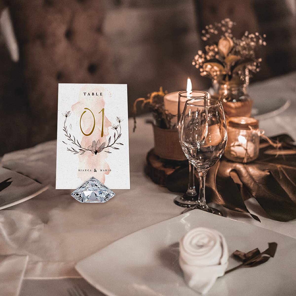 EDEVOLUTION 12 Pack Diamond Place Card Holders Stands, Sturdy Acrylic Table Numbers Card Holder, Crystal Harp-Clip Place Name Photo Card Holders for Party Wedding Table Decorations