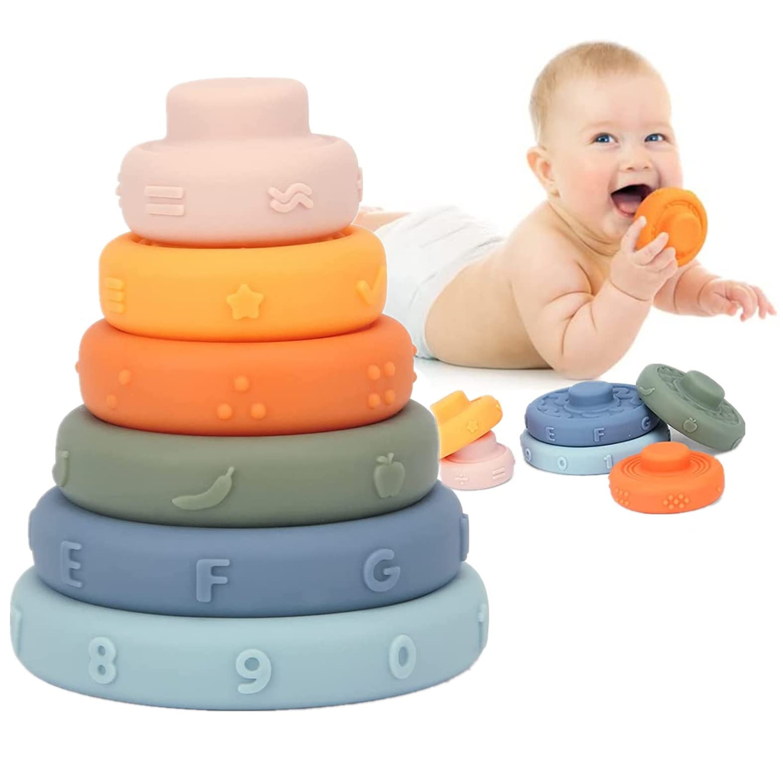 Soft Silicone Stacking Blocks for Toddlers, Stacking Rings Baby Toys, Montessori Toys for Babies, Baby Teething Toys for Newborn with Different Letter, Animal and Shape, BPA Free and Soft, 6PC