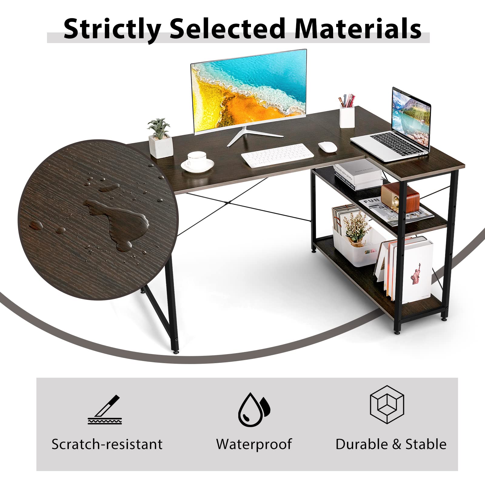 Tangkula L-Shaped Computer Desk with Reversible Shelves, 48 Inch Corner Computer Desk, Modern Writing Study Desk Home Office Workstation, Space Saving Design (48 Inch, Brown)