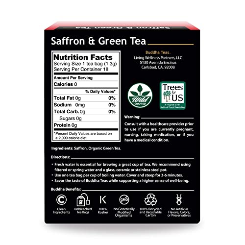 Buddha Teas - Saffron & Green Tea - For Health & Wellbeing - Wild Crafted Tea - With Antioxidants & Minerals - Clean Ingredients - Caffeinated - OU Kosher - 18 Tea Bags (Pack of 1)