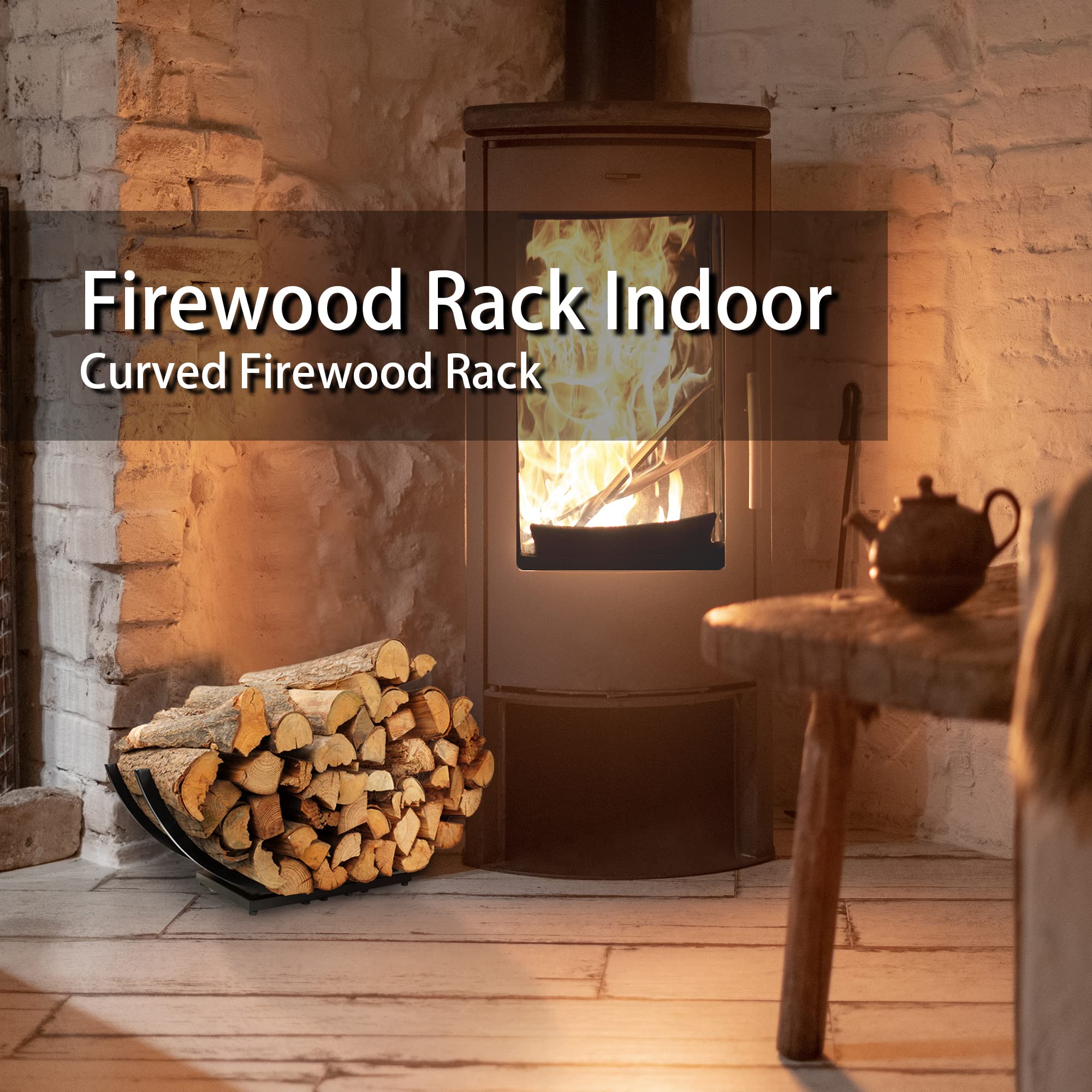 Curved Firewood Rack Holder: Heavy Duty Firewood Holder Indoor Outdoor for Firewood Storage - Fireplace Wood Rack Log Holder Black 22-Inch