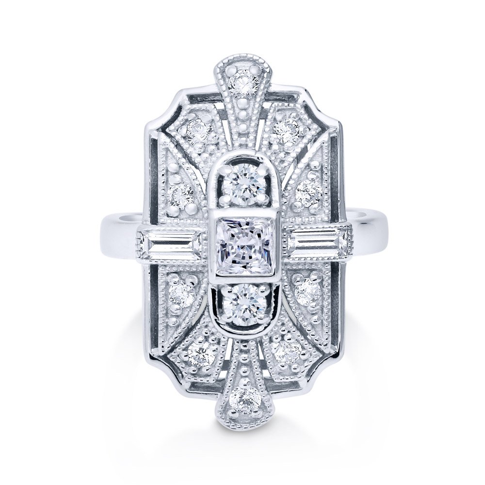 BERRICLE Sterling Silver Art Deco Cubic Zirconia CZ Statement Milgrain Cocktail Fashion Ring for Women, Rhodium Plated Size 9