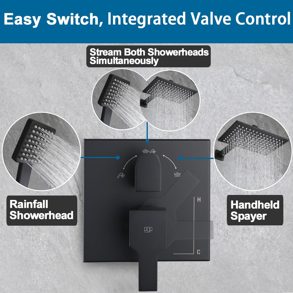 POP SANITARYWARE Matte Black Shower Faucet Set Complete Bathroom Rainfall 10 Inch Shower Head System with Handhled Single Handle Shower Trim Kit with Valve