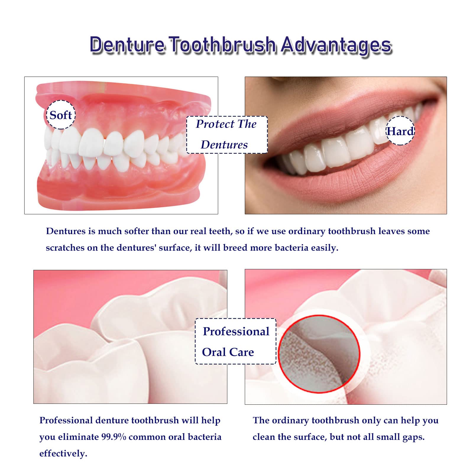 EvaGO 3 Pcs Denture Cleaning Brush with Multi-Layered Bristles and Ergonomic Rubber Handle Portable Denture Brush Double Sided Brush for False Teeth Cleaning (Blue, Purple, Orange)
