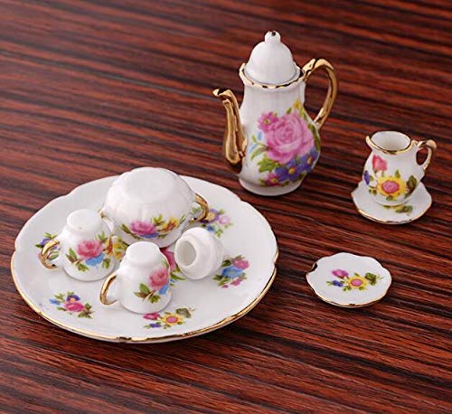 EatingBiting Collection Level 1:12 Elegant Flora Miniature Mini House Porcelain Tea Dish, Teapot, Cup, Plate Craft Set, DIY Scene Home Furniture Accessories