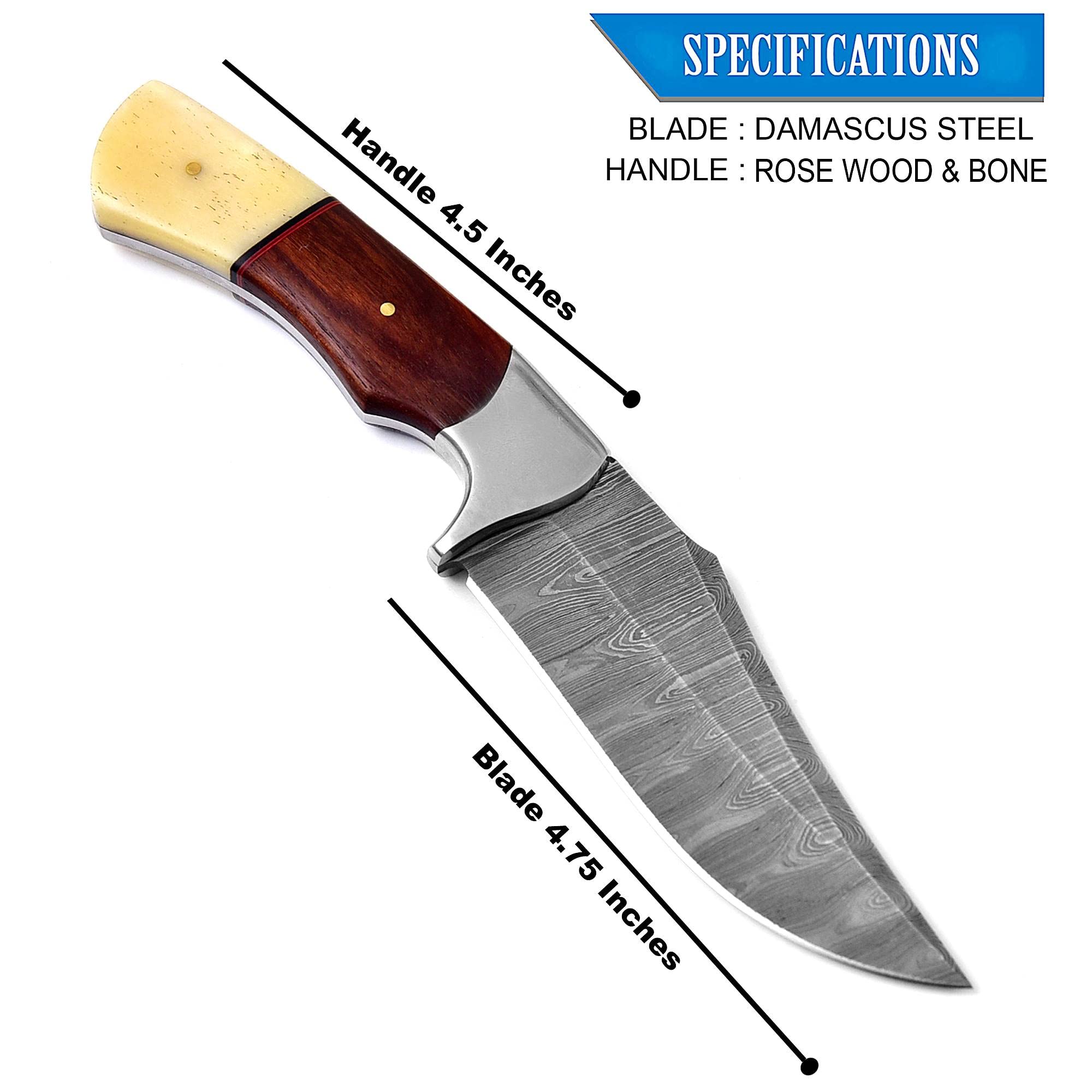 BG Knives Handmade Damascus Knife With Sheath Fixed Blade Hunting Knife 9.25 Inches B-187